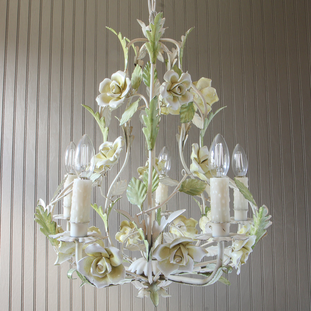 Vintage Italian Tole Chandelier with Porcelain Roses – 5-Light Floral ...